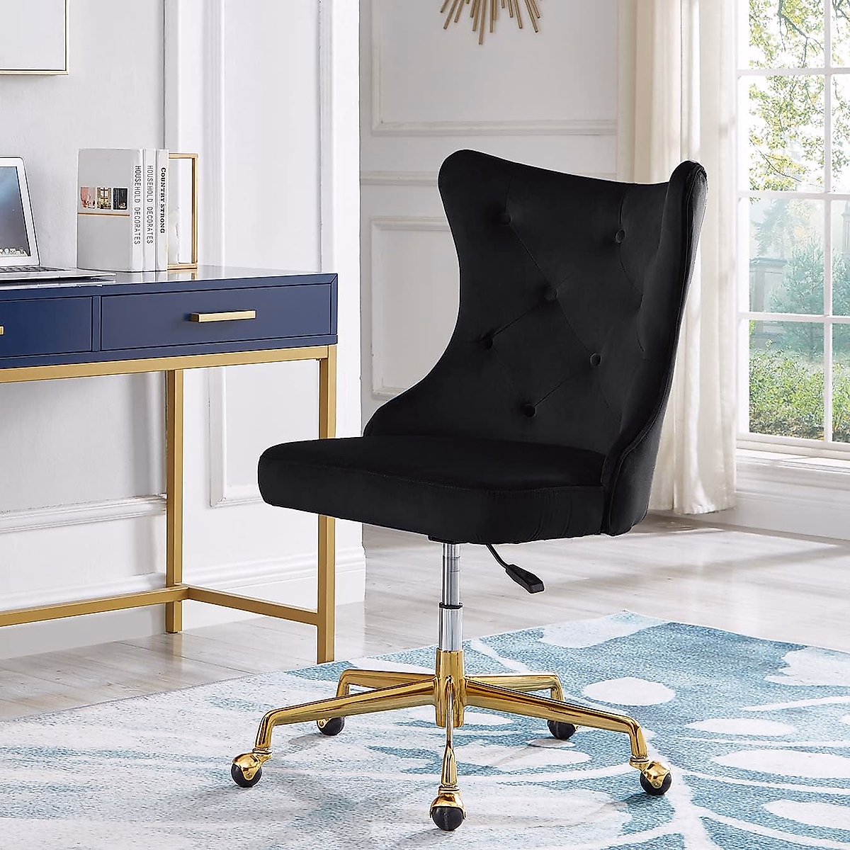 24KF Upholstered Tufted Button Velvet Office Chair with Golden Metal Base,Adjustable Height Swivel Office Chair -Black
