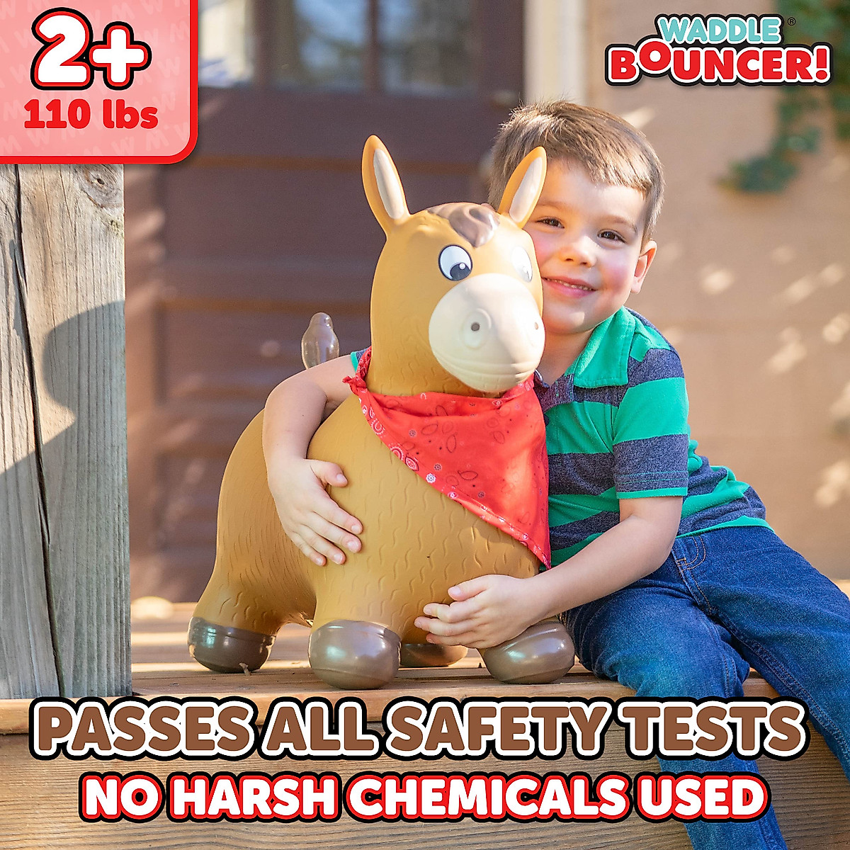 WADDLE Bouncy Hopper Inflatable Hopping Animal, Indoors and Outdoors Toy for Toddlers and Kids, Pump Included, Boys and Girls Ages 2 Years and U (Brown Horse)