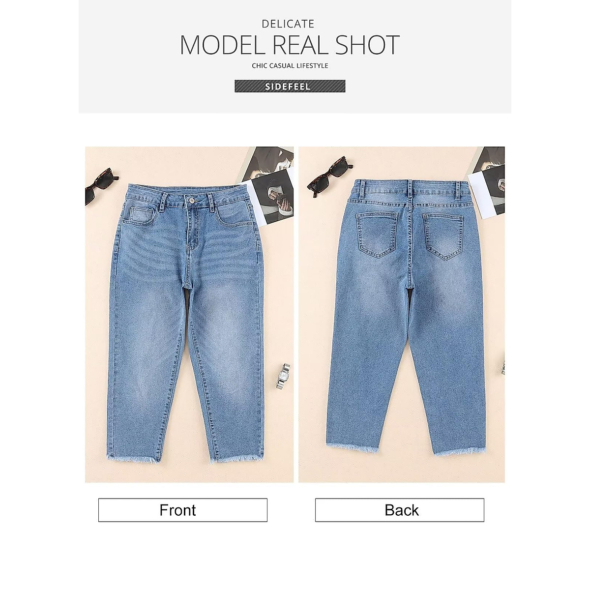 Sidefeel Jeans for Women Trendy 2024 High Waisted Stretchy Straight Leg Capri Denim Pants Sky Blue Size 18