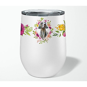 Caroline's Treasures CK4191TBL12 Weimaraner Pink Flowers Stainless Steel 12 oz Stemless Wine Glass Insulated Wine Tumbler with Lid, Cute Travel Cup for Coffee, Cocktails, Gift Women, Mother