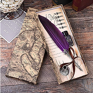 Calligraphy Pen Set Writting Quill Feather Pen 100% Hand Craft Real Feather and Stainless Steel Nib Best Antique Executive，Contains Ink no Need to Purchase Additional Ink (Purple)