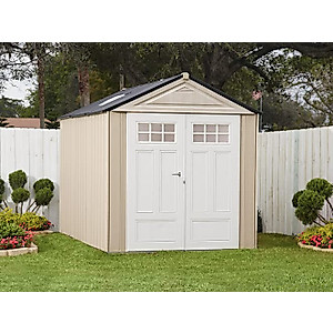 Rubbermaid Resin Outdoor Storage Shed With Floor (7 x 10.5 Ft), Weather Resistant, Beige/White, Organization for Home/Backyard/Garden Tools/Lawn Mower/Bike Storage/Pool Supplies