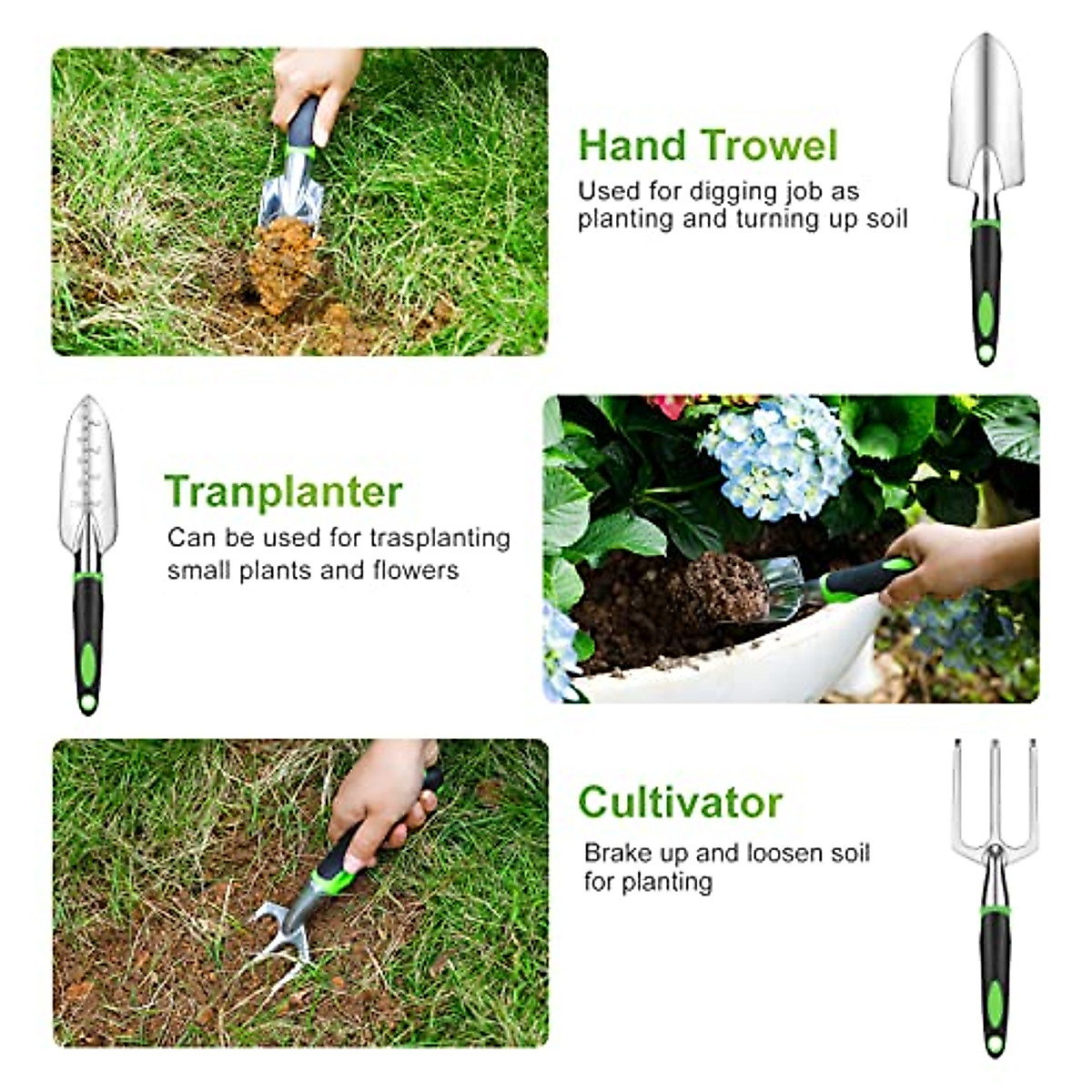 Mr Rabbi Garden Tools Set, 11 Piece Heavy Duty Gardening Tools for Gardening with Non-Slip Rubber Grip, Outdoor Hand Tools, Storage Tote Bag, Aluminum Garden Kit, Gardening Gifts for Men Women