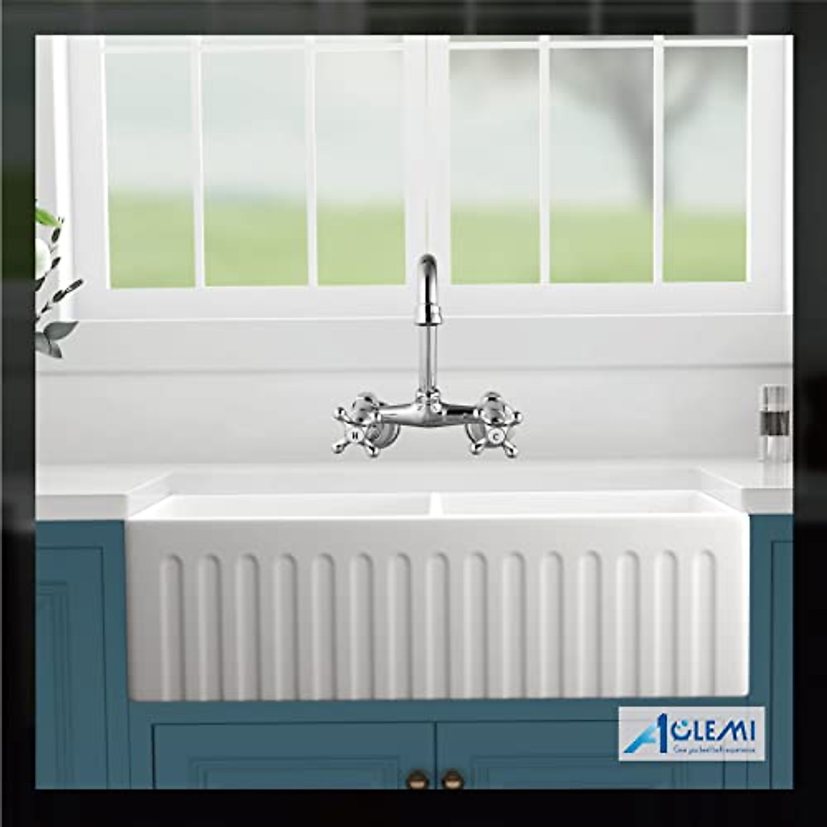 Aolemi Polish Chrome Wall Mount Kitchen Sink Faucet 3 to 9 Inch Adjustable Spread Double Cross Handle Mixer Tap