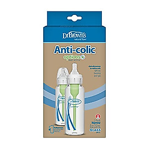 Dr. Brown’s Natural Flow® Anti-Colic Options+™ Narrow Glass Baby Bottles 8 oz/250 mL, with Level 1 Slow Flow Nipple, 2 Pack, 0m+
