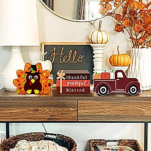 Thanksgiving Wooden Decor - 5 PCS Faux Decorative Book Stack & Turkey Truck Table Signs, Fall Tiered Tray Decor for Farmhouse Autumn Harvest Thanksgiving Decorations