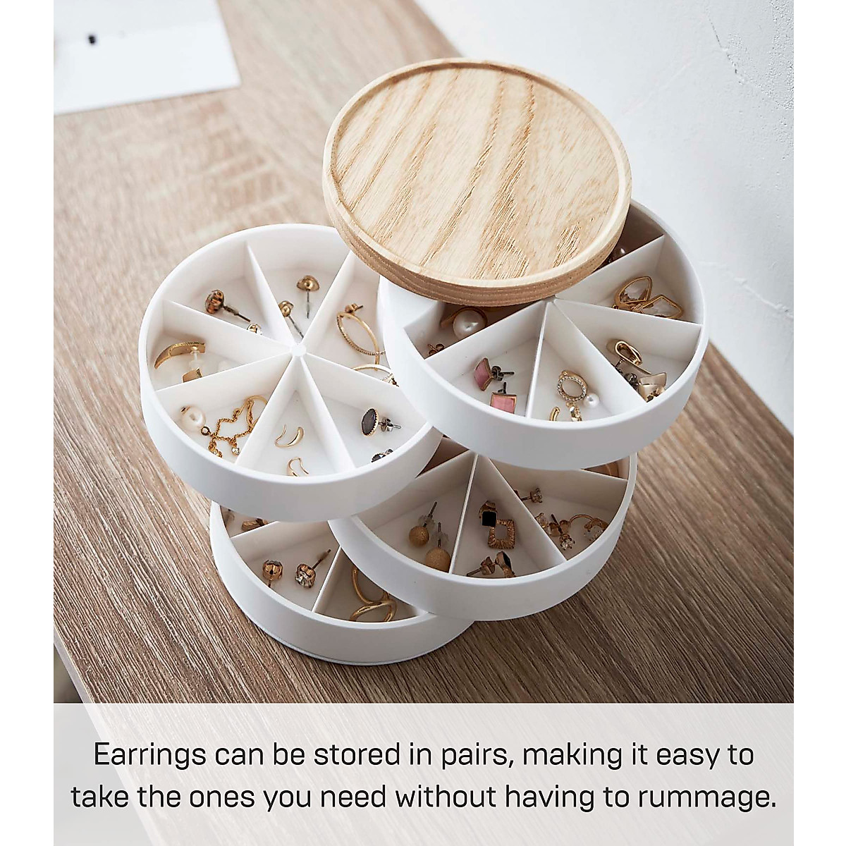 Yamazaki Home Tosca Sectioned Jewelry Organizer Nail Art Supplies Earring Accessories Storage Holder Rotating Display with Removable Trays - Sectioned - Plastic + Wood