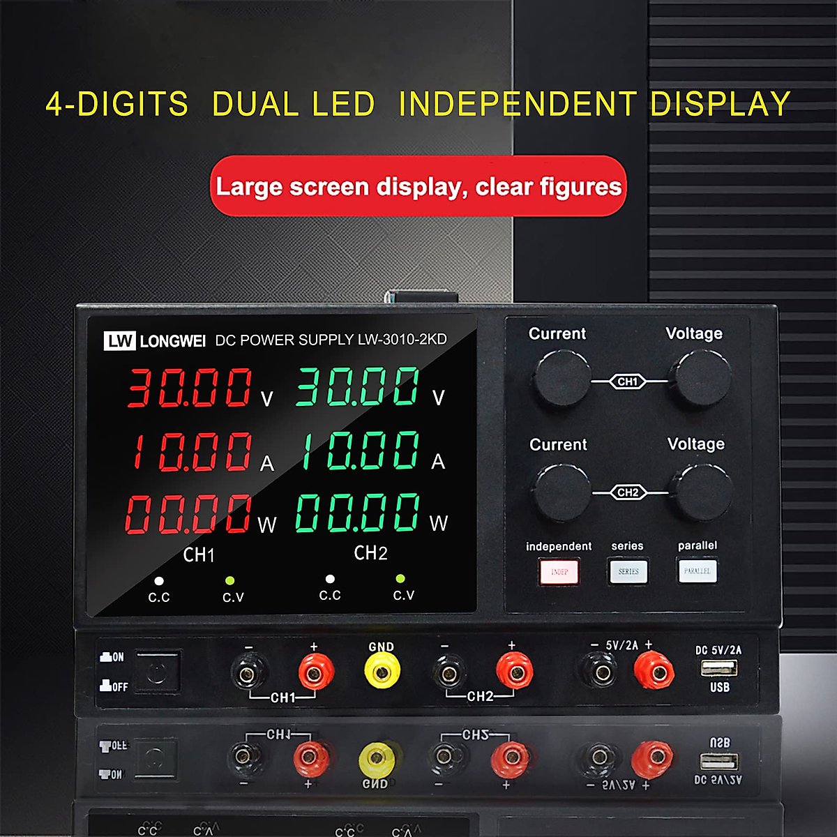 LWLONGWEI DC Power Supply Variable,4 Channels 30V 10A 2 * 300W Adjustable Switching Regulated DC Bench Power Supply with 4-Digits LED Power Display 5V/2A USB/DC Output Black
