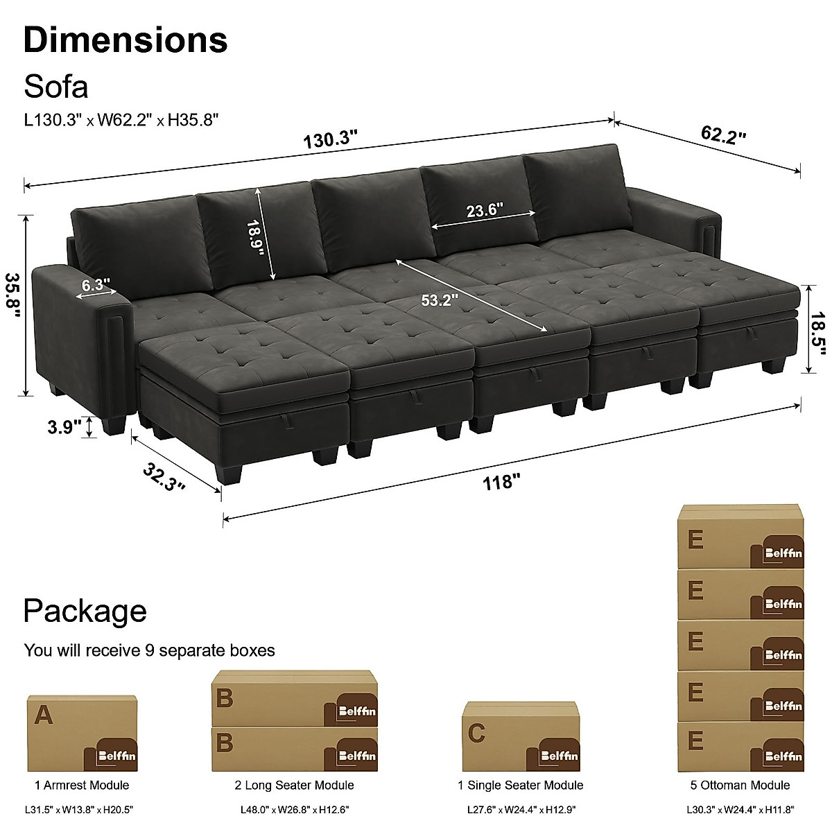 Belffin Velvet Modular Sectional Sofa Oversized 10-seat Sectional Sleeper Sofa Modular with Storage Ottoman Convertible Sectional Couch Bed with Reversible Chaise Grey