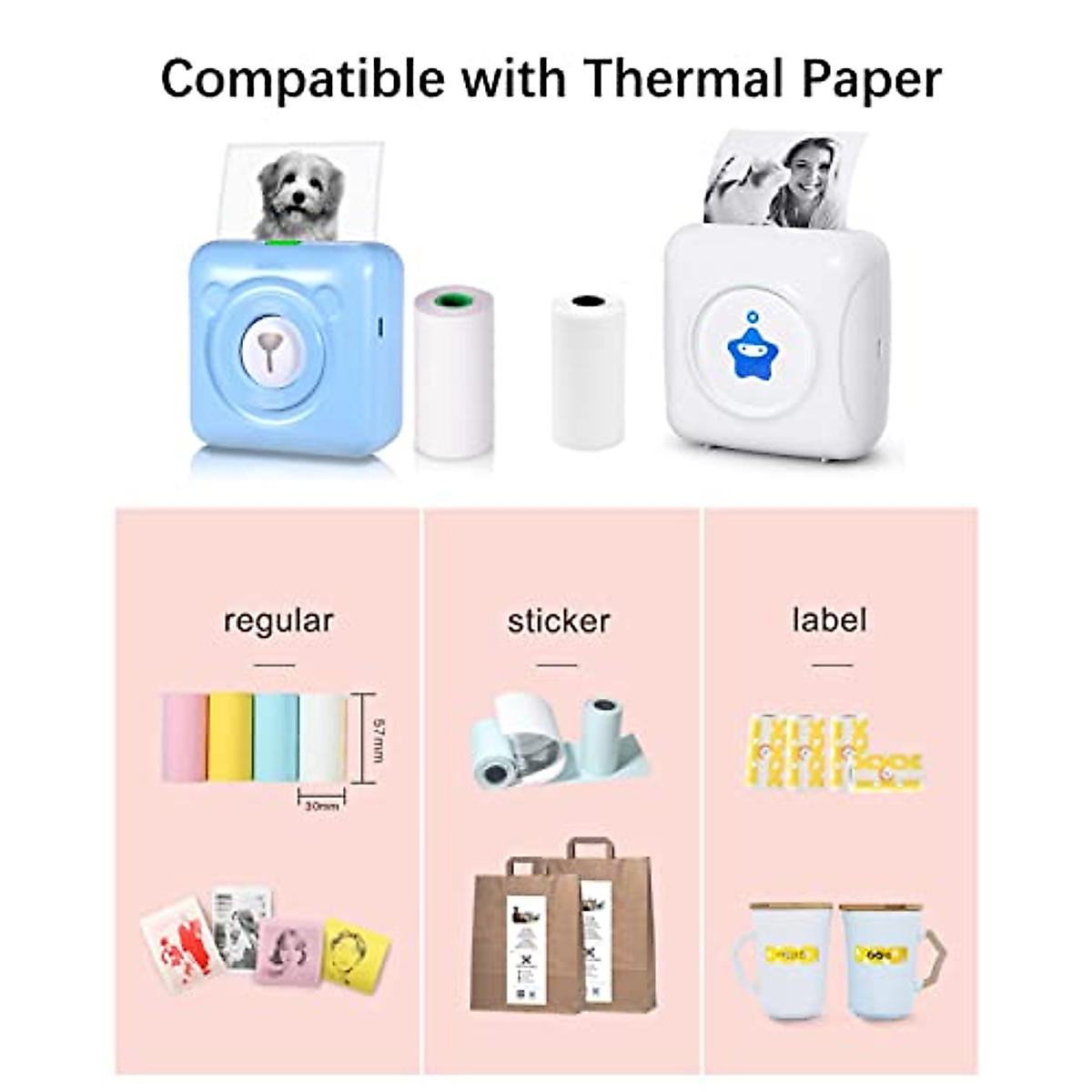 Portable Printer, Mini Printer Wireless Bluetooth Mobile Thermal Printer, Pocket Printer with 1 Roll Printing Paper for Android iOS Smartphone, Inkless Printer for Label Receipt Photo Journal