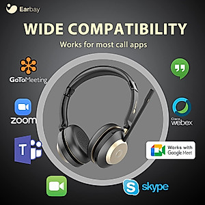 Earbay Bluetooth Headset, Wireless Headset with Microphone for PC, Wireless Headphones with Mic Noise Cancelling/Mute/Charging Dock/USB Dongle, 45hrs Dual Connect Computer Phones Teams Skype Zoom