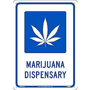 NMC M485AB Notice – Marijuana Dispensary Sign - 10 in. x 14 in. Aluminum Notice with Graphic, Blue Text on White Base