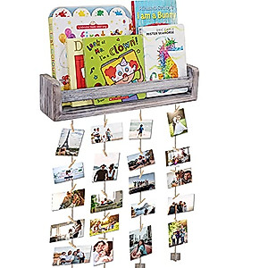 Satauko Floating Shelves Storage for Photo Hanging Display, Wooden Picture Frames Collage with 24 Clips, Wall Mounted Shelf Décor for Pictures Organizer. (Grey)