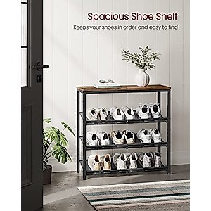 VASAGLE Shoe Rack for Entryway, 4 Tier Shoe Storage Shelves, 12-15 Pairs Shoe Organizer, with Sturdy Wooden Top and Steel Frame, Free Standing, Industrial, Rustic Brown and Black ULBS040B01