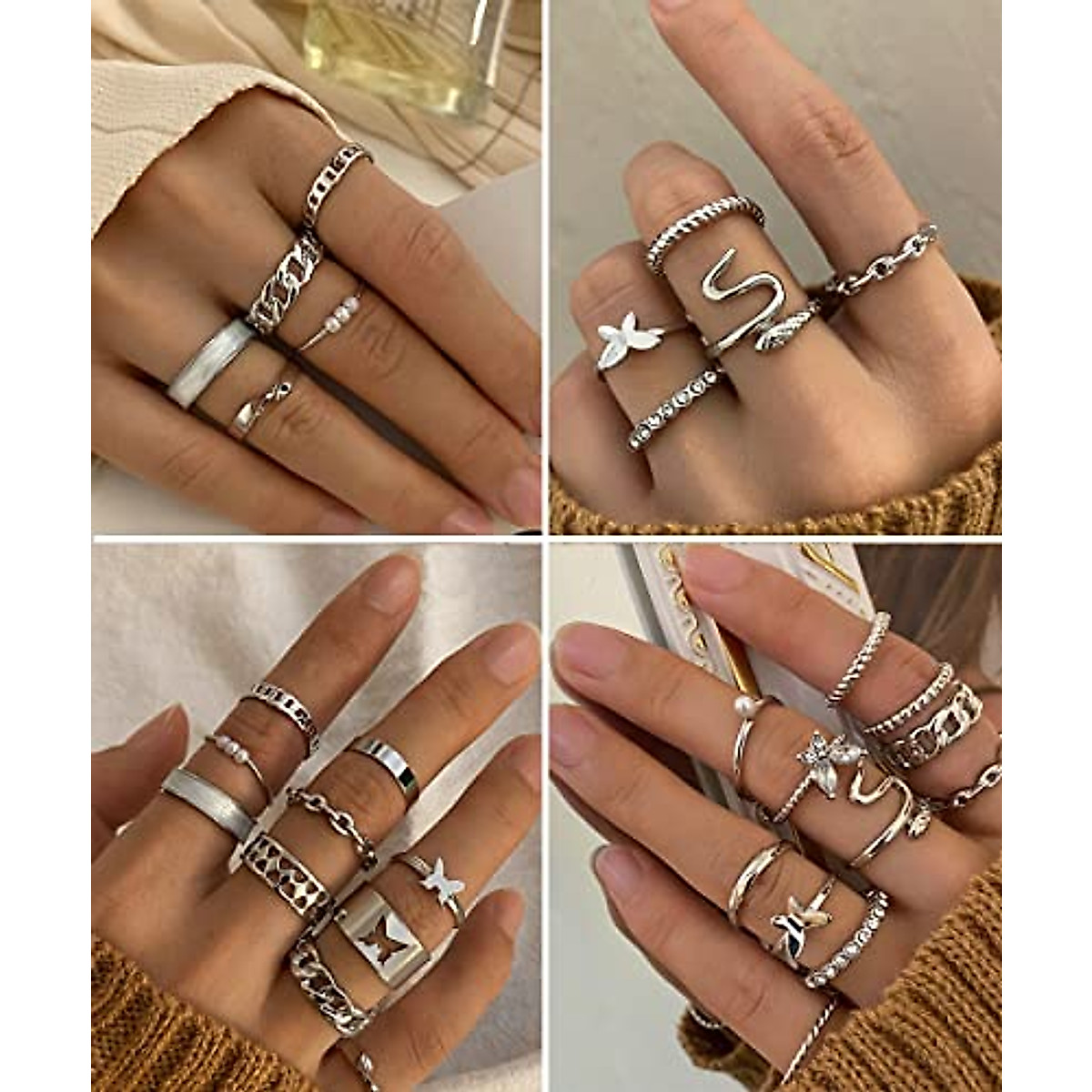 iF YOU 30 Pcs Vintage Knuckle Rings Set, Boho Butterfly Snake Stackable Finger Rings for Women, Silver Midi Rings Pack