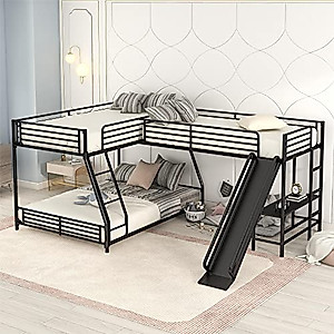 HAUSHECK L-Shaped Triple Bunk Bed with Desk for 3 or 4 Kids, Heavy Duty Metal Bunk Bed Twin Over Full with Slide & 2 Ladders, Space-Saving Loftbed Triple Bed Frame for Teens/Adults