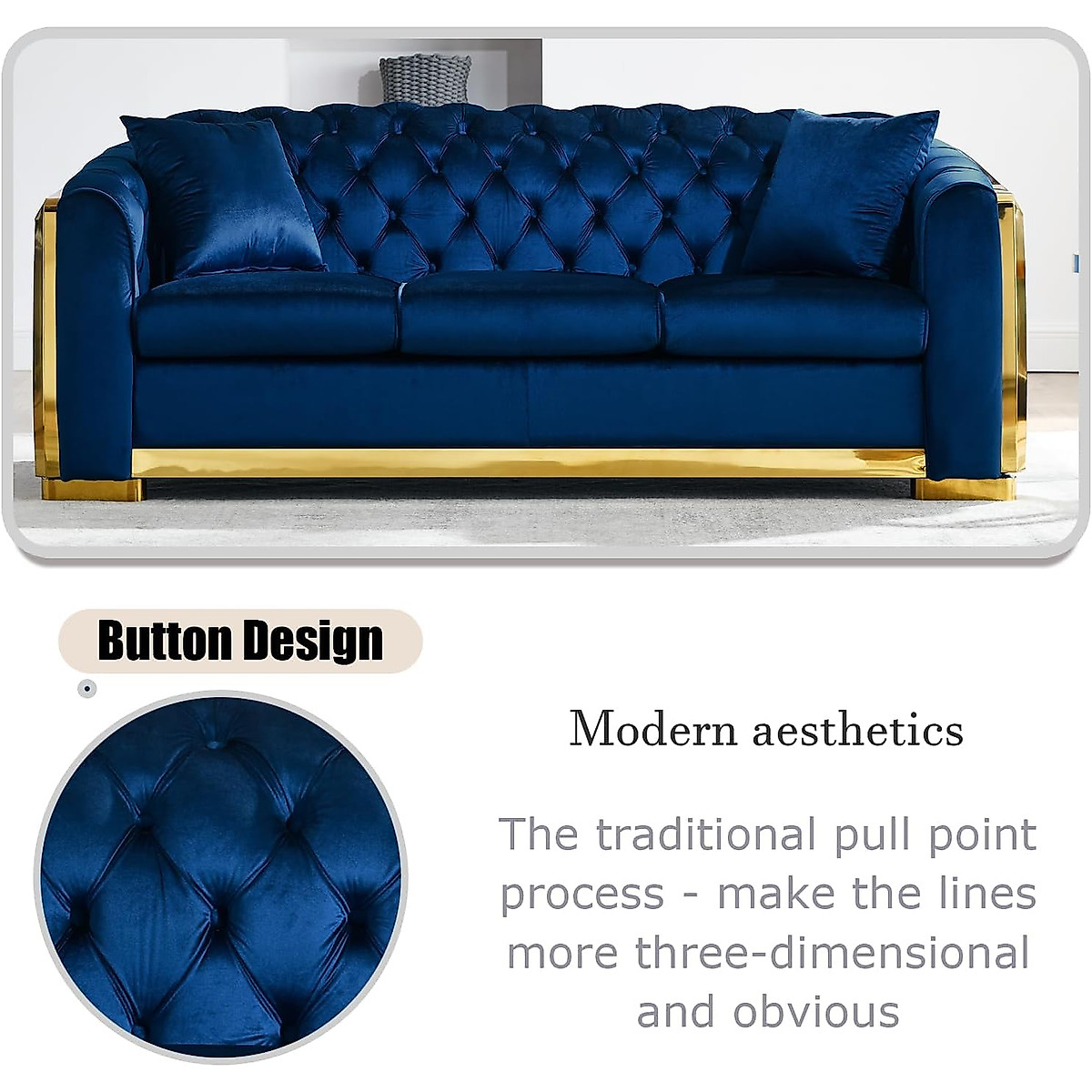 WinJoy 84 Inch Velvet Sofa Set for Living Room, 3 Seat Modern & Luxury Chesterfield Couch Sofa with Tufted Back&Gold Stainless Legs for Apartment, Office 2 Pillows Included Navy