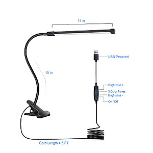LED Desk Lamp Dimmable Eye Care Reading Light 3 Color Changing 10-Level Brightness Mental Flex Clamp Lamp Clip On Light LED Table Light (Black)