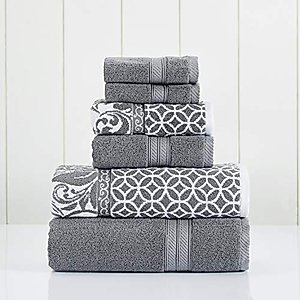 Modern Threads Trefoil Filigree 6-Piece Reversible Yarn Dyed Jacquard Towel Set - Bath Towels, Hand Towels, & Washcloths - Super Absorbent & Quick Dry - 100% Combed Cotton