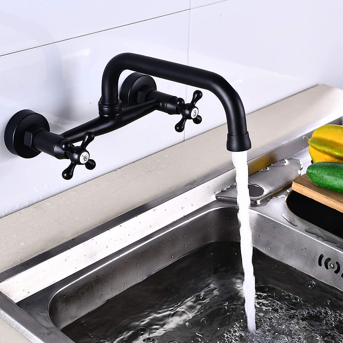 Matte Black Wall Mounted Bathroom Rainfall Shower Faucet System Set Mixer 8’’ Round Head 2 Cross Handles Bathtub Hand Spray Kitchen Faucet 8’’ Center 9’’ Spout Reach 2 Cross Handle Kitchen Sink Faucet