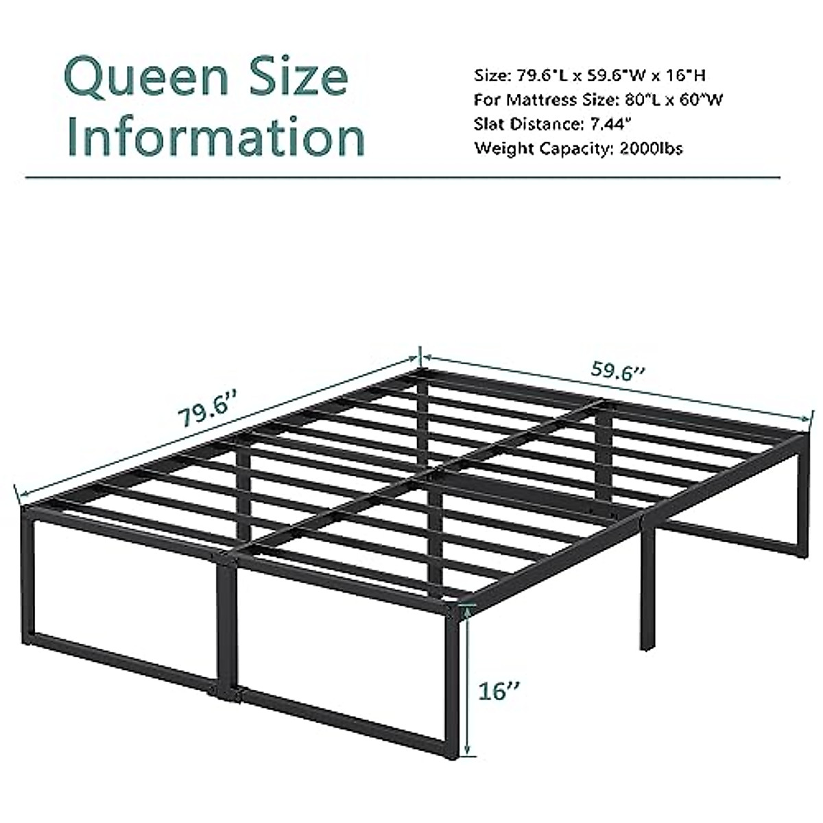XINXINYAN 16 Inch Queen Bed Frame, No Box Spring Needed, Heavy Duty Metal Platform Queen Size Bed Frame, Strong Steel Slats Support, Noise Free, Easy Assembly, Black