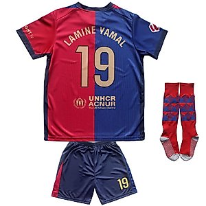 CEKFAX 2024/2025 Barca Home #19 Lamine Yamal Football Soccer Kids Jersey Shorts Socks Set Youth Sizes (Navy,16)