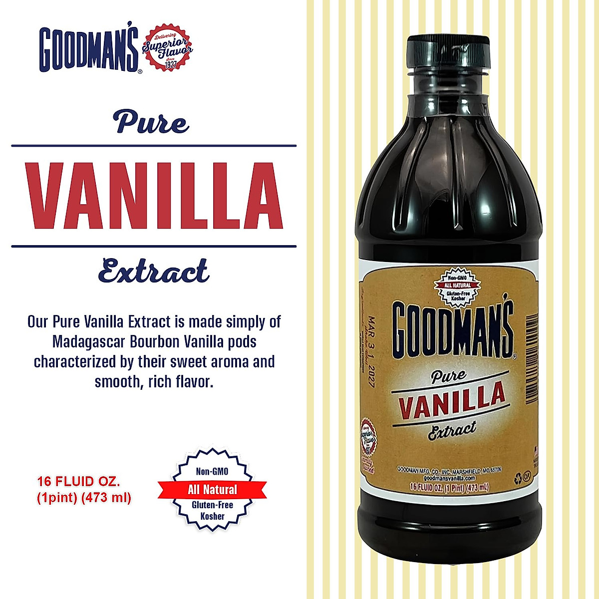 Goodman's Pure Vanilla Extract - Gluten-Free, Non-GMO, Kosher, Low Carb & Low Calorie - Madagascar Bourbon Vanilla Extract Ideal for Baking, Cooking & More - No Animal Products, No Sugar (16oz Bottle)