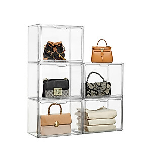 ZLLZUU Purse Organizer for Closet, 5 Pack Clear Acrylic Display Case for purse handbag Organizer, Stackable Purse Storage boxes with magnetic door for Collectibles, Wallet, Cosmetic