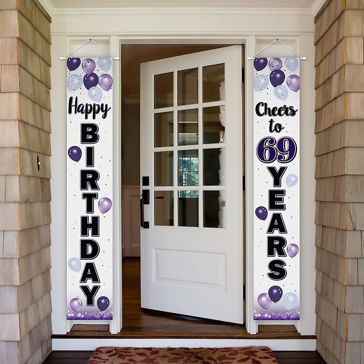 LASKYER Happy 69th Birthday Purple Door Banner - Cheers to 69 Years Old Birthday Front Door Porch Sign Backdrop,69th Birthday Party Decorations.