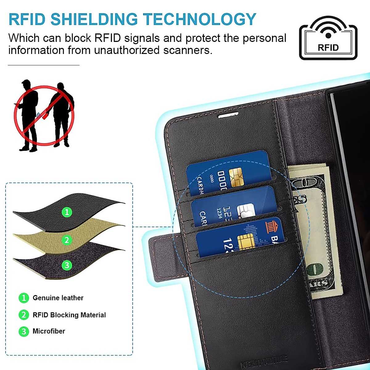 KEZiHOME Galaxy S22 Ultra Case, Genuine Leather [RFID Blocking] Wallet Case Card Slot Flip Magnetic Stand Phone Cover Compatible with Samsung Galaxy S22 Ultra (2022) (Black/Brown)