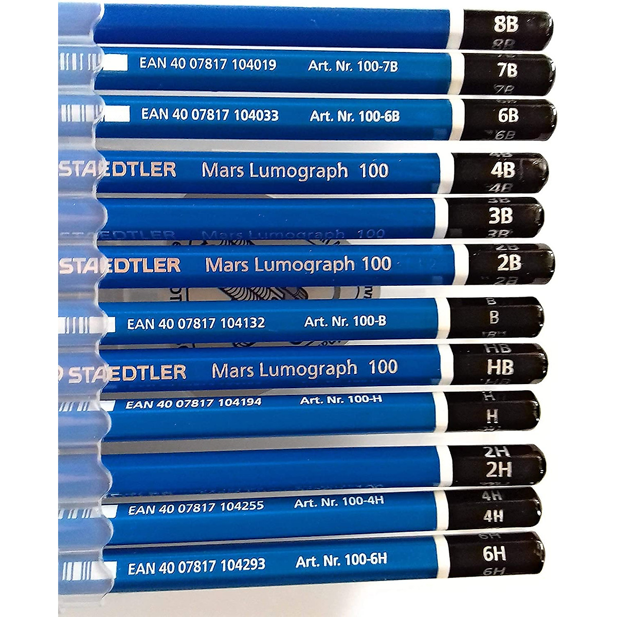 Wooden Lead Pencil By Staedtler Mars Lumograph - Pack of 12 Degrees in Practical Plastic Storage Box with Staedtler Tub Sharpener and Rasoplast Eraser