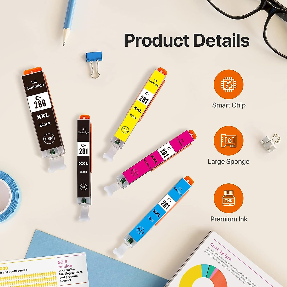 PGI-280XXL/CLI-281XXL 5 Color Value Pack Replacement for Canon 280 281 Ink Cartridges Compatible with PIXMA TR7520 TR8520 TS6120 TS6220 TS8120 TS8220 TS9120 TS9520 TS6320 TS9521C Printer