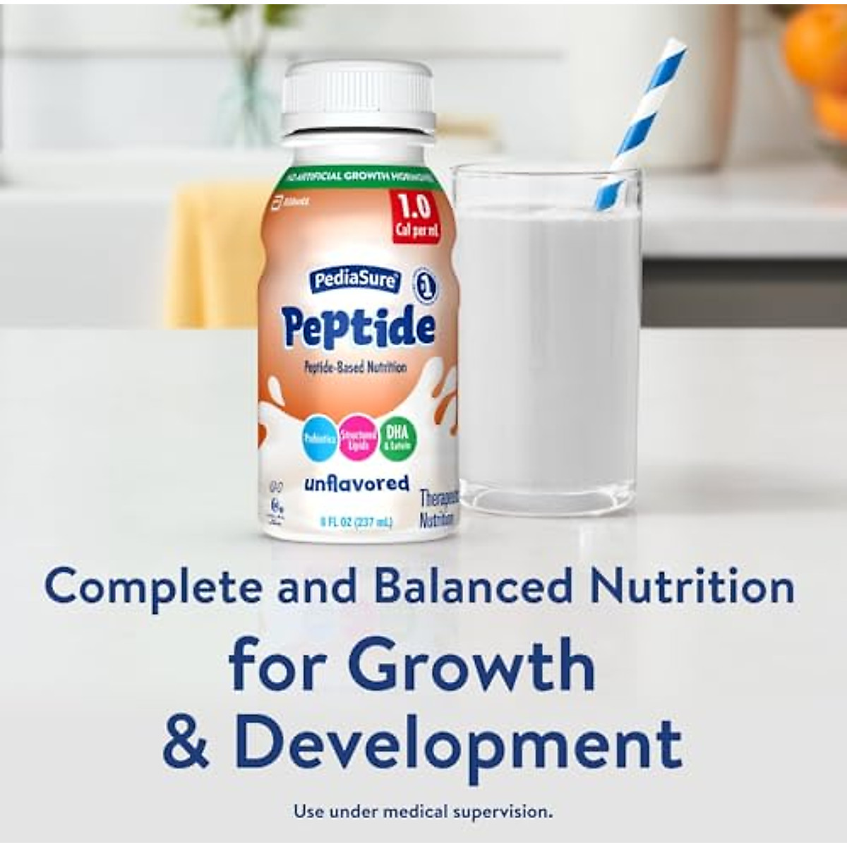 PediaSure Peptide 1.0 Cal, Peptide-Based Formula, Sole-Source Nutrition Drink for Tube Feeding or Oral Nutrition, Unflavored, 8-fl-oz Bottle, Pack of 24