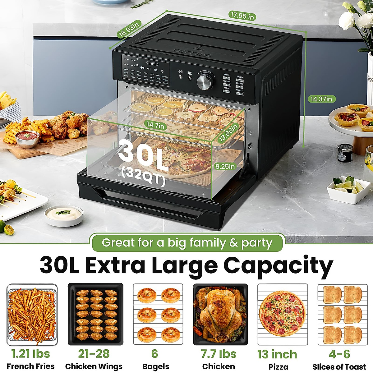 OIMIS Air Fryer Toaster Oven, 32QT Toaster Oven 21-in-1 Extra Large Countertop Convection Rotisserie Oven Patented Dual Air Duct System with 6 Accessories Recipes Black