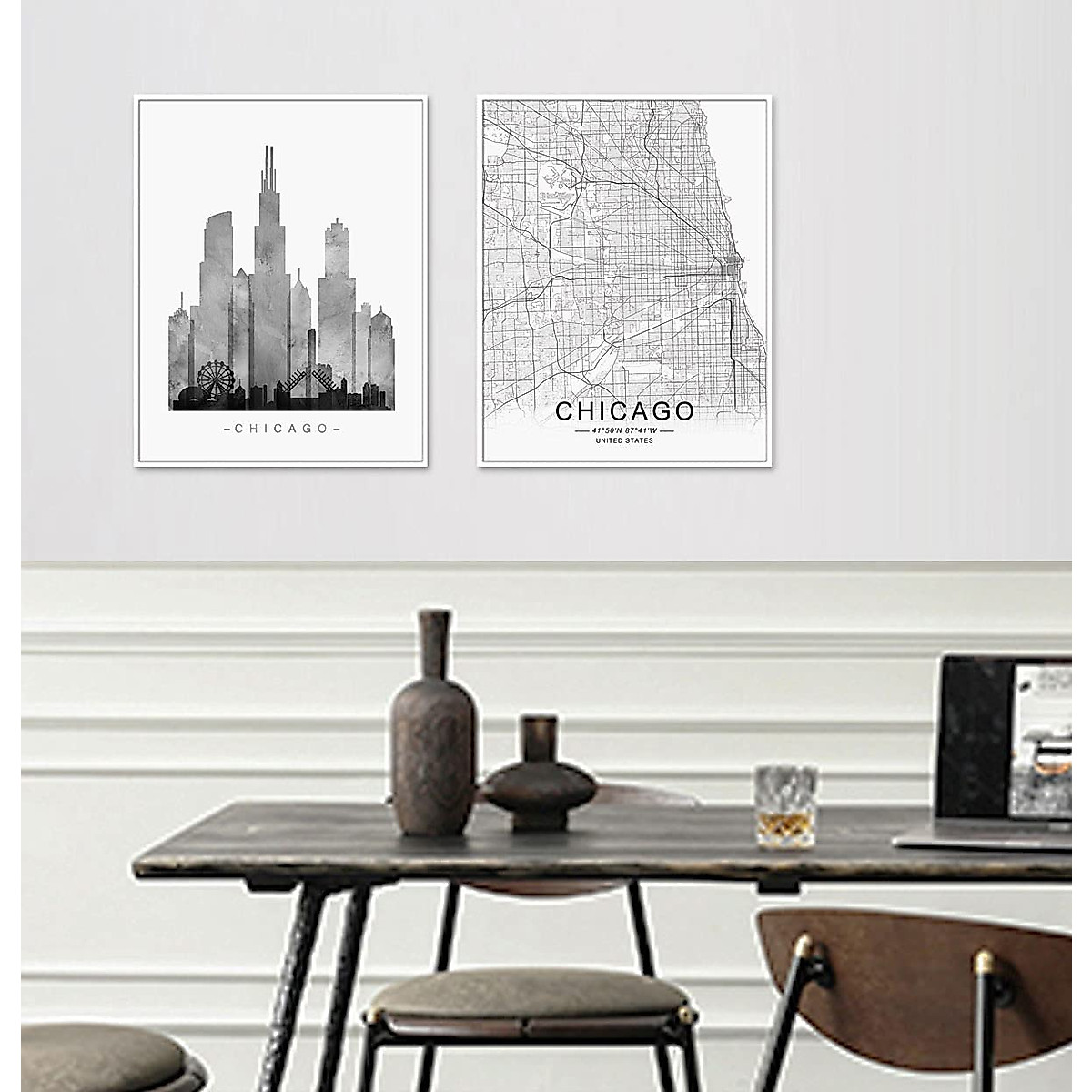 Chicago Skyline, Chicago Wall Art, Chicago Street Map, Watercolor Skyline Print, Building Wall Decor, Office Wall Art, Map Print, Set of 2 Prints, 11X14 Inch Unframed