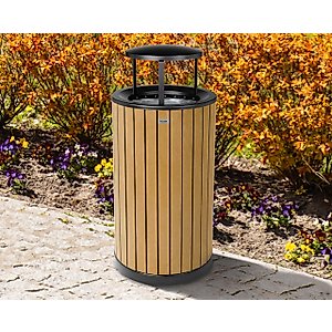 Alpine 32 Gallon Commercial Outdoor Trash Can - Heavy Duty Garbage Can Outdoor, Industrial Trash Can with Plastic Panels for Patio, Parks, Trails & Resorts (Rain Bonnet Lid - Cedar)
