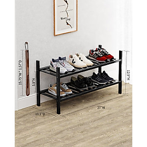 VOPOG Shoe Rack, 2-Tier Bamboo Shoe Rack for Front Door Entrance with Shoe Horn, Stackable Shoe Rack Organizer Shoe Shelf for Entryway, Hallway, Bathroom, and Closet Shoe Organizer - Black