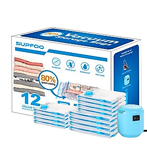 SUPFOO 12 Pack Space Saver Vacuum Storage Bags with Electric Pump (4 Jumbo/4 Large/4 Medium) Double Zip Seal,Vacuum Seal Bags Fit Clothes,Comforters,Blankets,Mattress,Duvets,Pillows,Travel