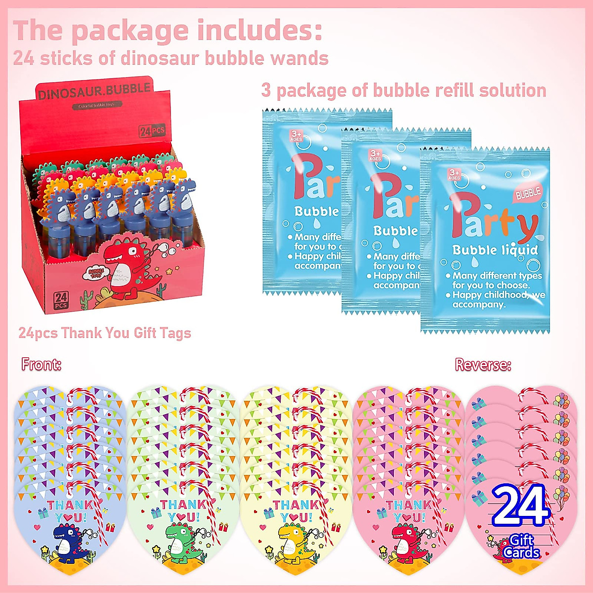 24Pcs Dinosaur Bubble Wands, Dinosaur Birthday party favors, Bubbles for Kids,Outdoor Toys, Goodie Bags Filler, Bubble Blowing Toys,Prize Boxes.(with 24 Gift Cards)