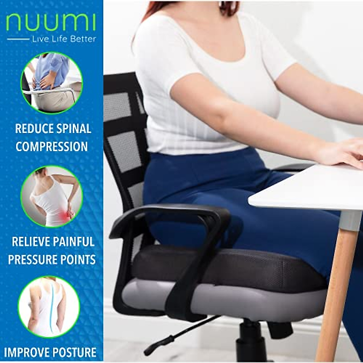 nuumi Extra Large Memory Foam Seat Cushion with Lint Roller for Easy Care, Washable Covers & Carry Handle - Comfort Cushion for Office, Car & Wheelchair - Improves Posture & Circulation