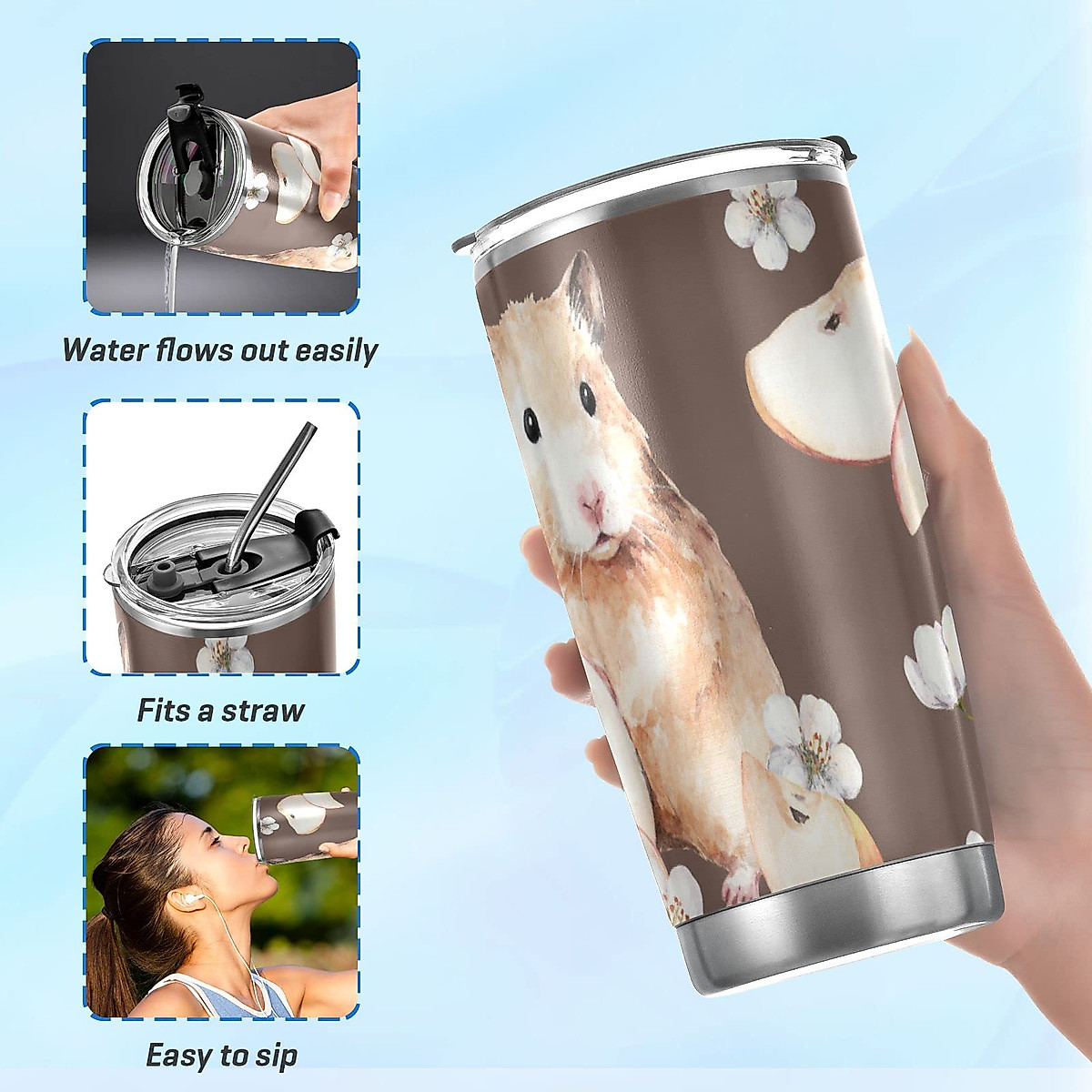 Yasala Tumbler Guinea Pig Apples Insulated Coffee Cup Beverage Container Office Travel Mug with Straw and Lid 20oz Holiday Back to School Gift