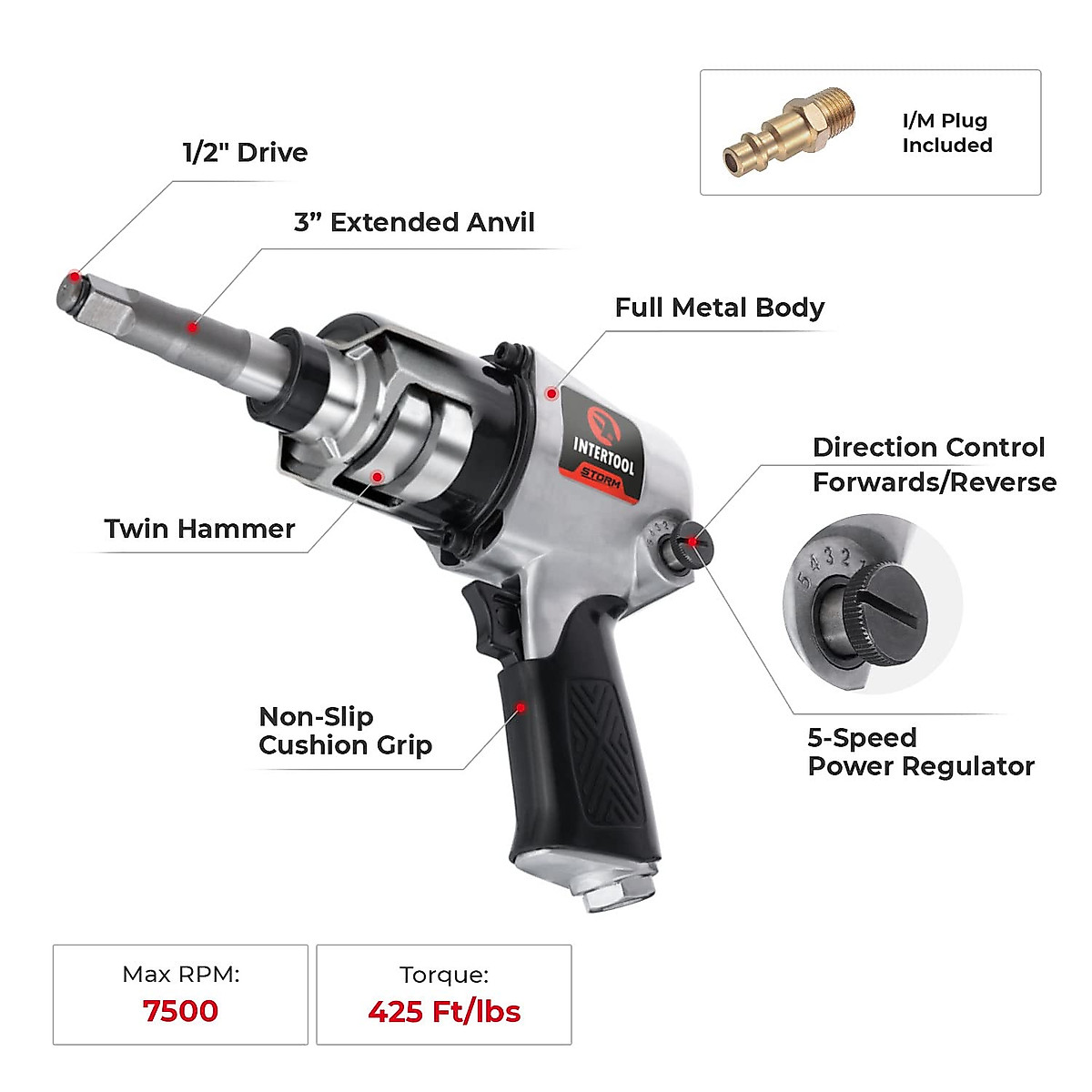 INTERTOOL Air Impact Wrench, 1/2-Inch Square Drive, 3” Extended Anvil, Truck & Car Tires, Auto & Construction Repair PT08-1103
