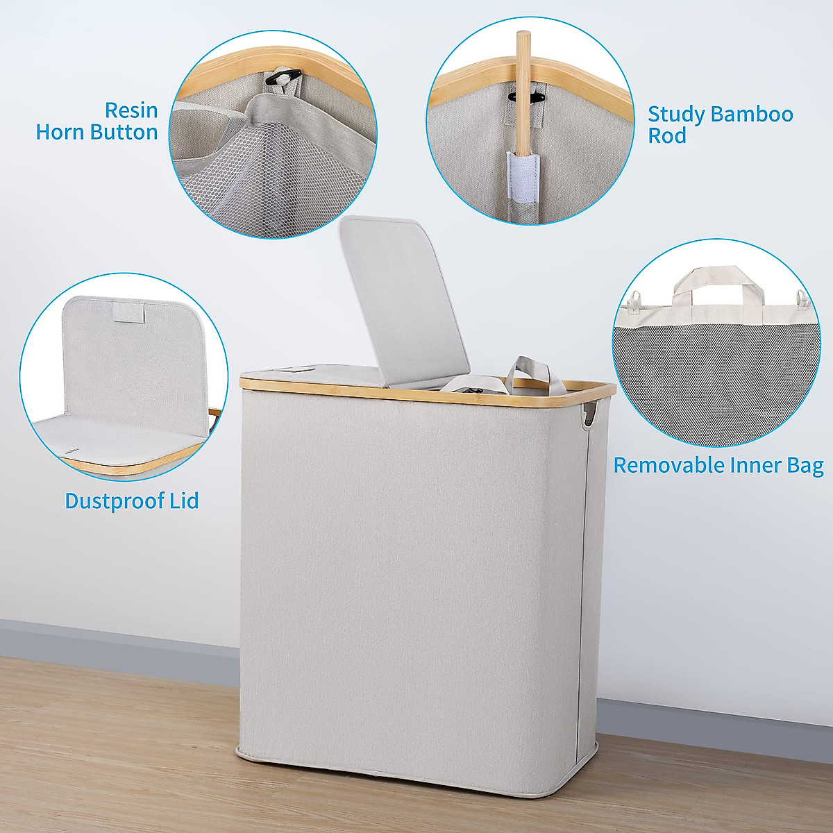 efluky Double Laundry Hamper with Lid, Divided Laundry Hamper with Removable Bags, 2 Section Dirty Clothes Basket with Handles for Bathroom, Bedroom & Laundry Room, 140L Light Grey