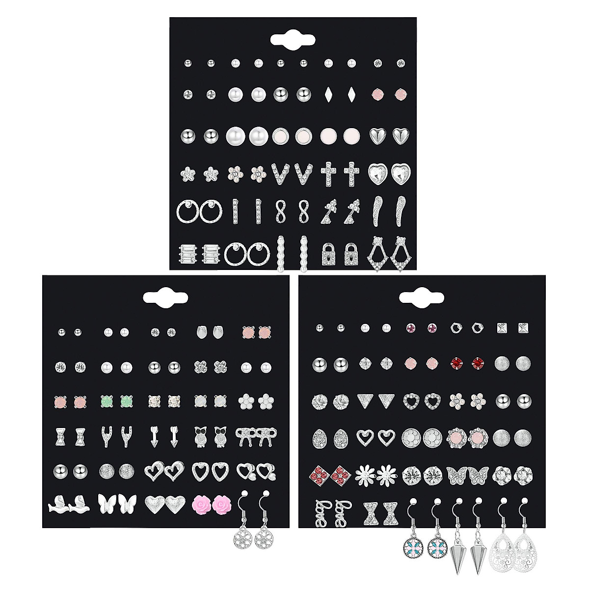 Thunaraz 90Pairs Assorted Multiple Small Stud Earrings Sets for Women Multipack Simple Cute Bar Star Moon Triangle Geometric Arrow Flower Bow CZ Ball Faux Pearl Earrings Set