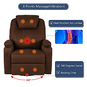 YODOLLA Massage Recliner Chair Heated Rocker Recliner Living Room Chair Home Theater Lounge Seat with Cup Holder, Dark Brown