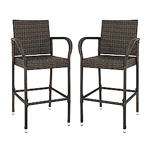 SUPER DEAL Upgraded Wicker Bar Stool Chairs Outdoor Backyard Rattan Chair w/Iron Frame, Armrest and Footrest (2)