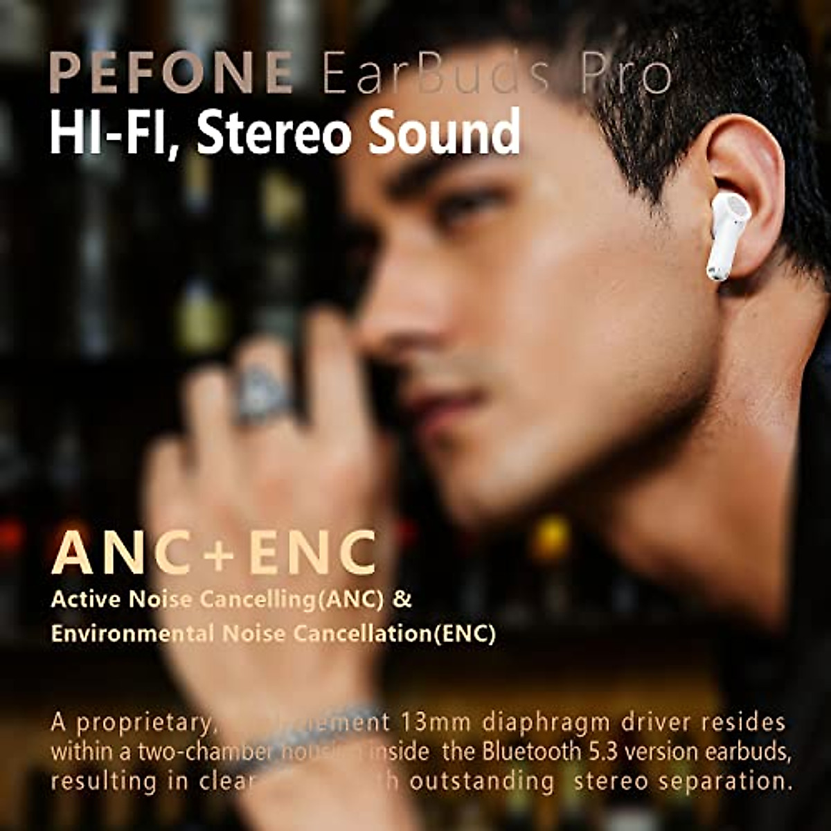PEFONE Wireless Earbuds, in-Ear Bluetooth 5.3 Headphones ENC+ANC Noise Cancelling Earphones, Built-in Mic, Touch Control, USB Charging Case