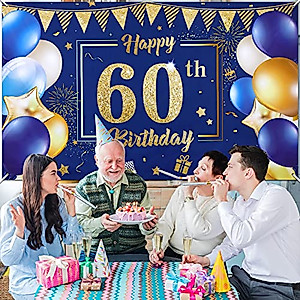 Blue 60th Birthday Decoration Banner for Men Women, Navy Blue Gold Happy 60th Birthday Banner Backdrop, Large Blue Sixty Years Old Birthday Anniversary Banner Photography Background Party Décor