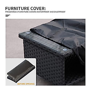 Outdoor Wicker Coffee Table Patio Furniture Garden Rattan 2-Layer Glass Table with Storage and Furniture Cover, Black