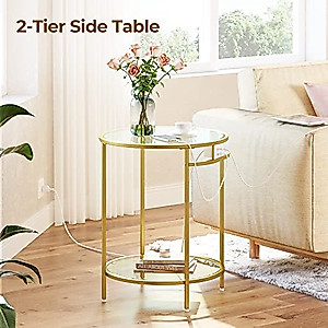 Rolanstar End Table with Charging Station, Round Side Table with Double Glass Shelves & Metal Frame, Small Coffee Accent Table, Modern Nightstand Bedside Table for Living Room, Bedroom, Gold
